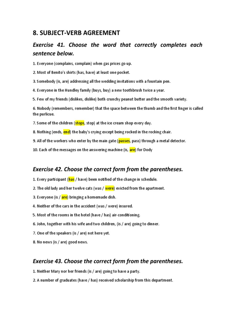 Subject-Verb Agreement: Exercise 41. Choose The Word That Correctly ...