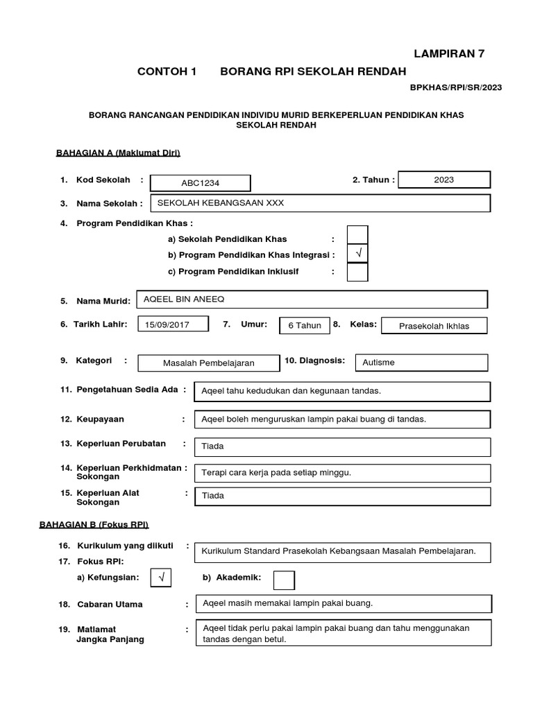 Contoh Pengisian RPI | PDF