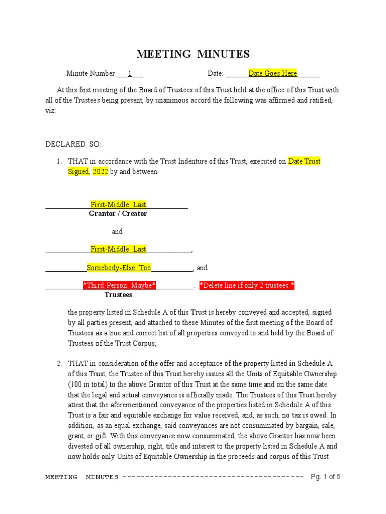 First Board Meeting Minutes of Trust | PDF | Trust Law | Trustee