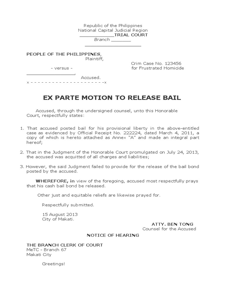 Ex Parte Motion To Release Bail | PDF