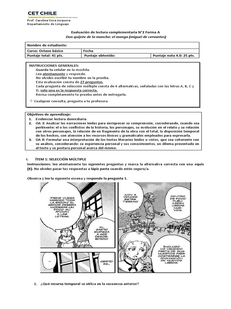 Prueba - Don Quijote de La Mancha - 8vo | PDF | Don Quijote