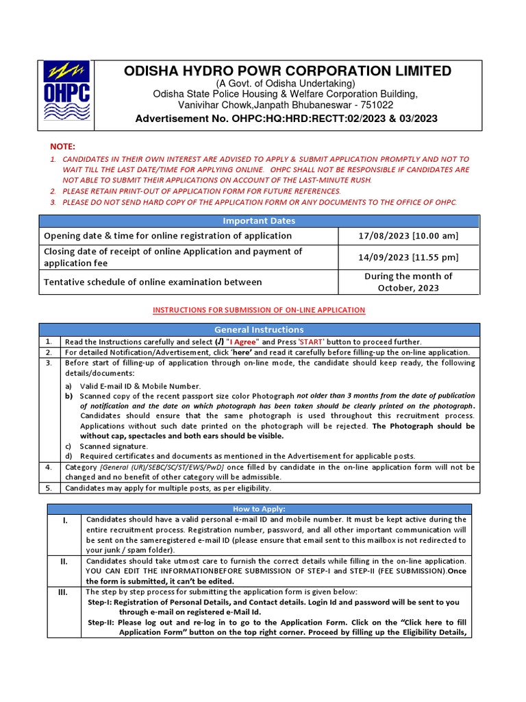 Odisha Hydro Powr Corporation Limited: Advertisement No. OHPC:HQ:HRD ...