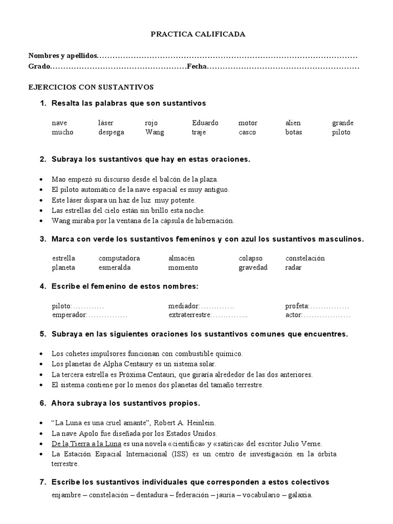 Ejercicios Con Sustantivos y Adjetivos | PDF | Sustantivo | Adjetivo