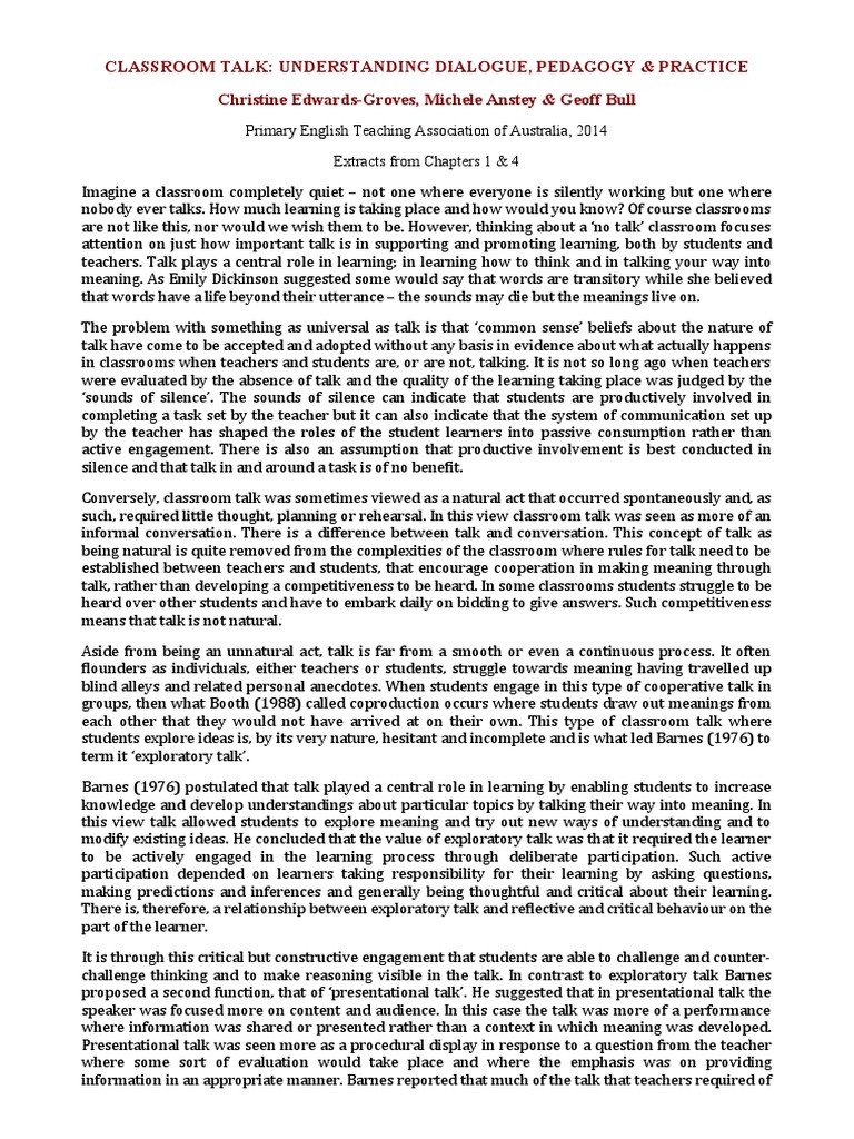 Classroom Talk: Understanding Dialogue, Pedagogy & Practice Christine ...
