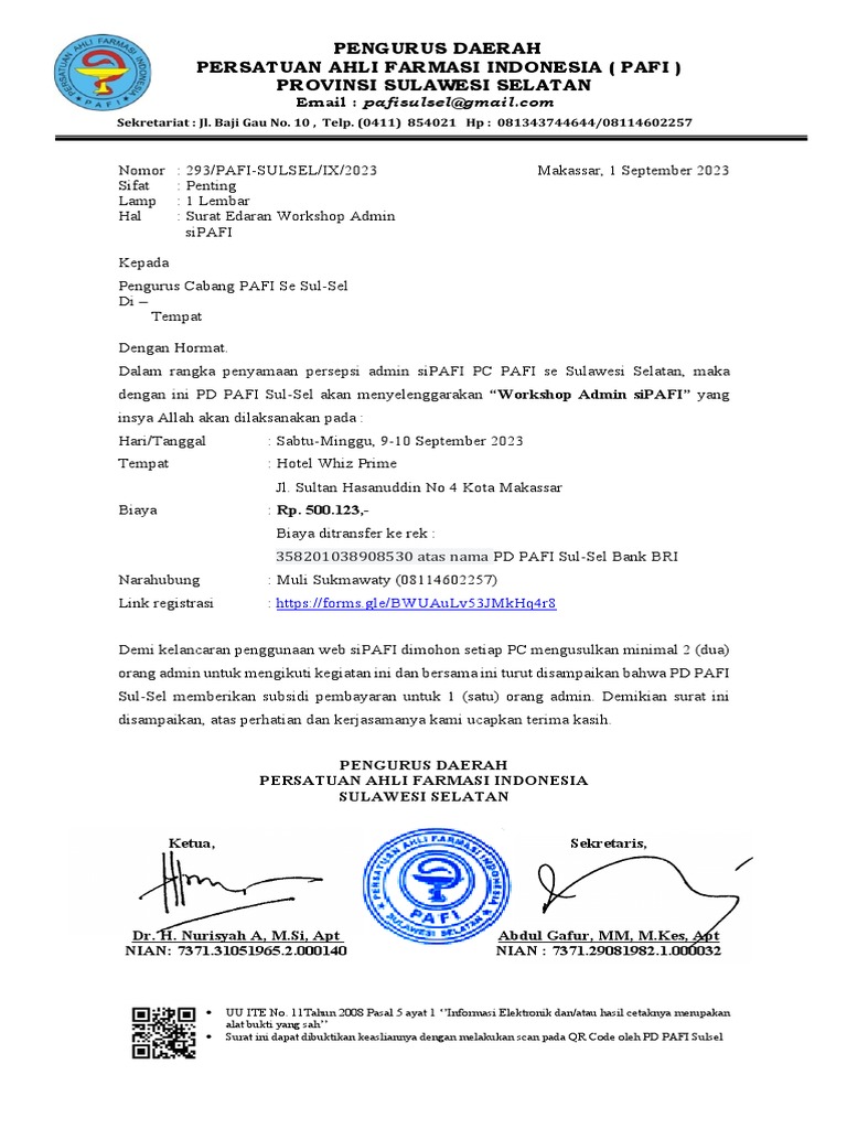 293 Surat Edaran Workshop Admin siPAFI | PDF