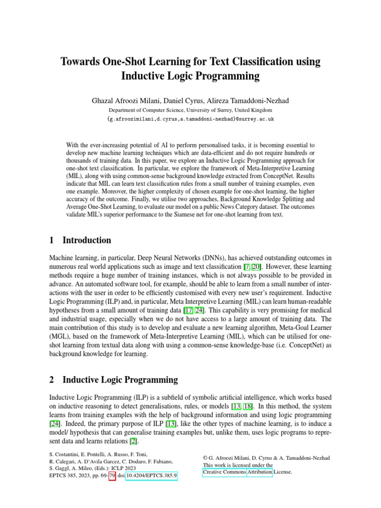 Towards One-Shot Learning For Text Classification Using Inductive Logic Programming | PDF | Deep ...