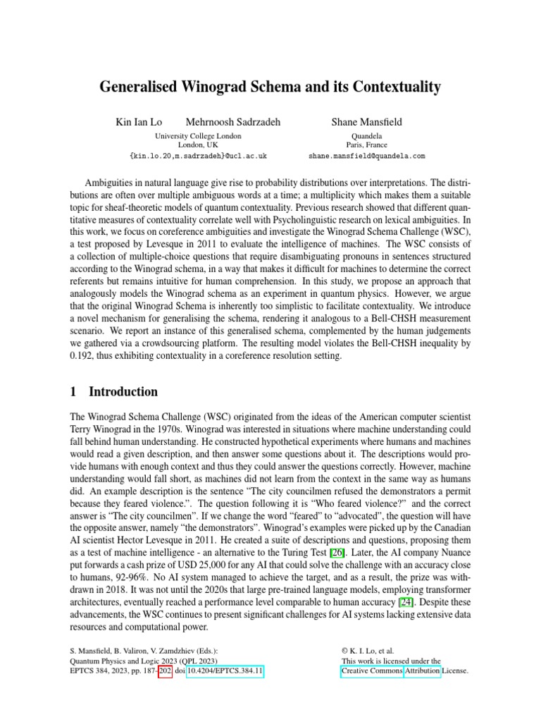 Generalised Winograd Schema and Its Contextuality: Kin Ian Lo Mehrnoosh ...