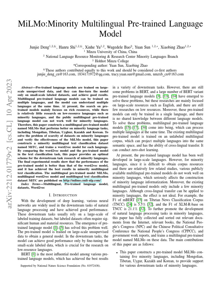 Milmo:Minority Multilingual Pre-Trained Language Model | PDF | Word | Cybernetics