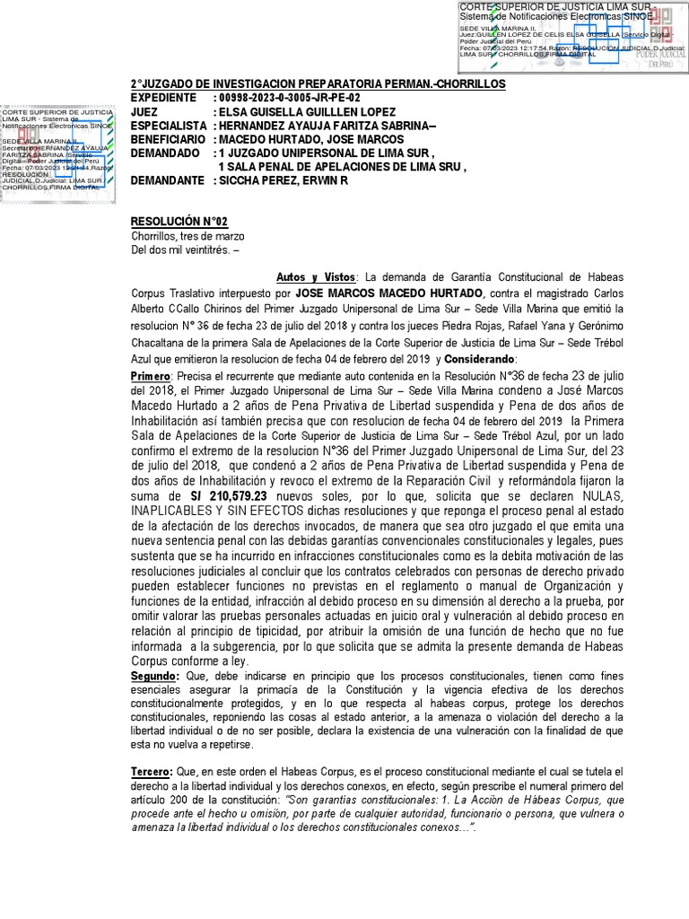 Exp. 00998-2023-0-3005-JR-PE-02 - Resolución - 44207-2023 | PDF | Habeas corpus | Separación de ...