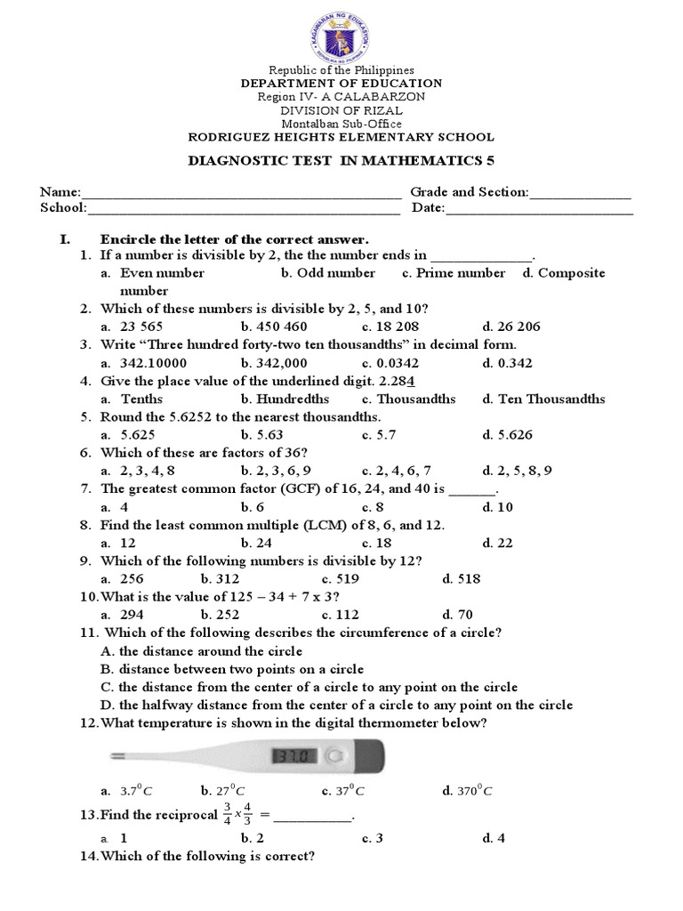 Math5 Diagnostic Test | PDF | Numbers | Circle