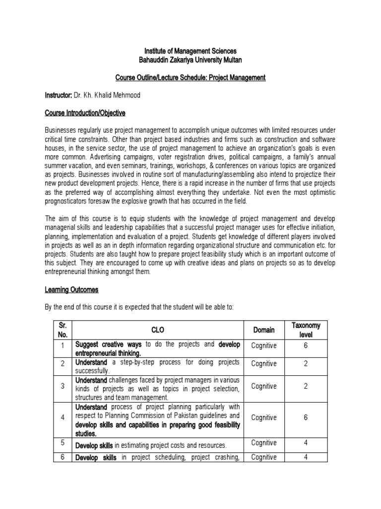 Course Outline Project MGT BBA7th Fall 2023 | PDF | Project Management ...
