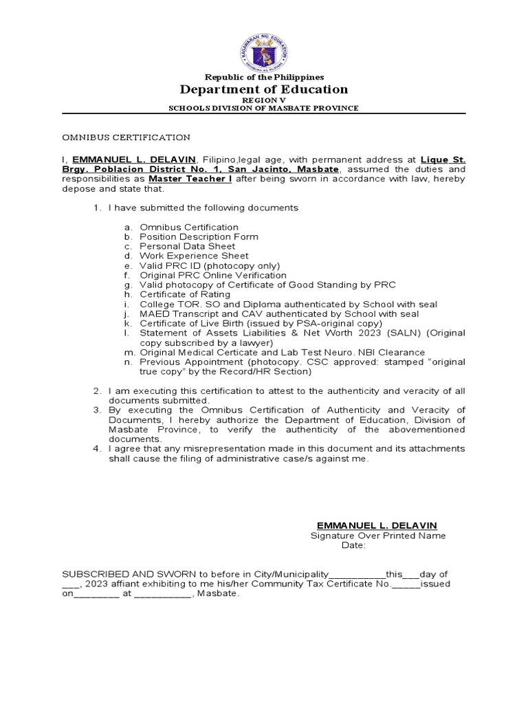 Omnibus Certificate | PDF