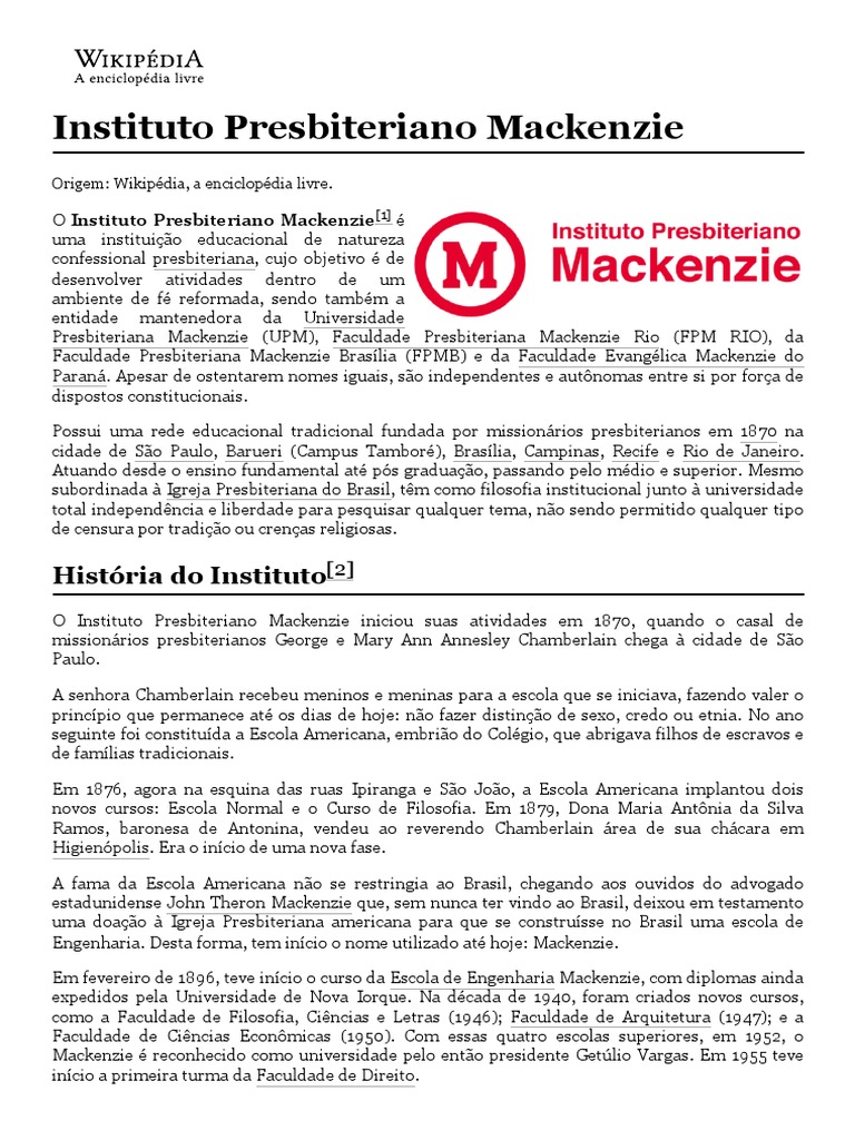 Instituto Presbiteriano Mackenzie - Wikipédia, A Enciclopédia Livre | PDF