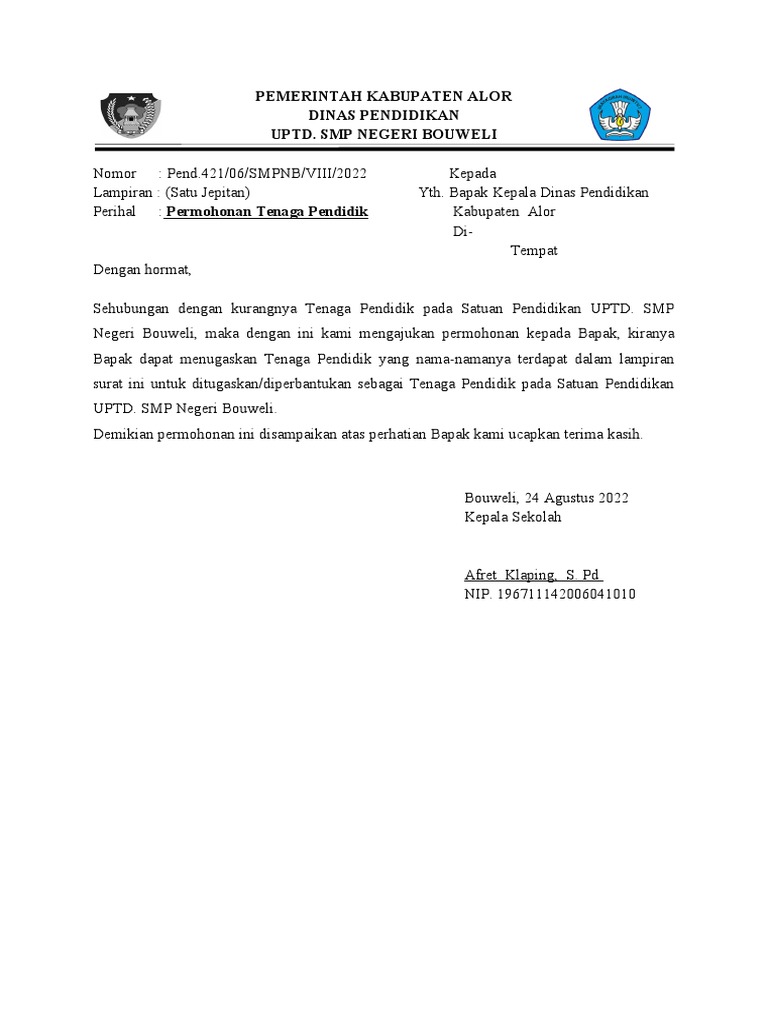 Permohonan Tenaga Pendidik SMP Bouweli | PDF