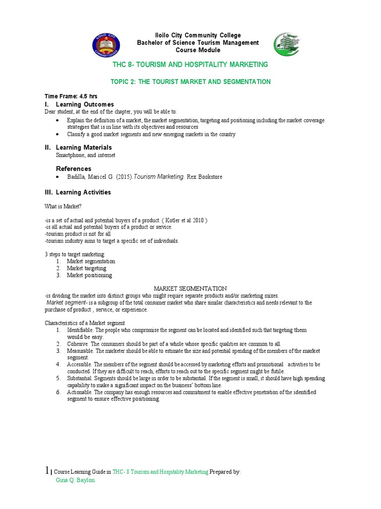 2 The Tourist Market And Segmentation Pdf Market Segmentation