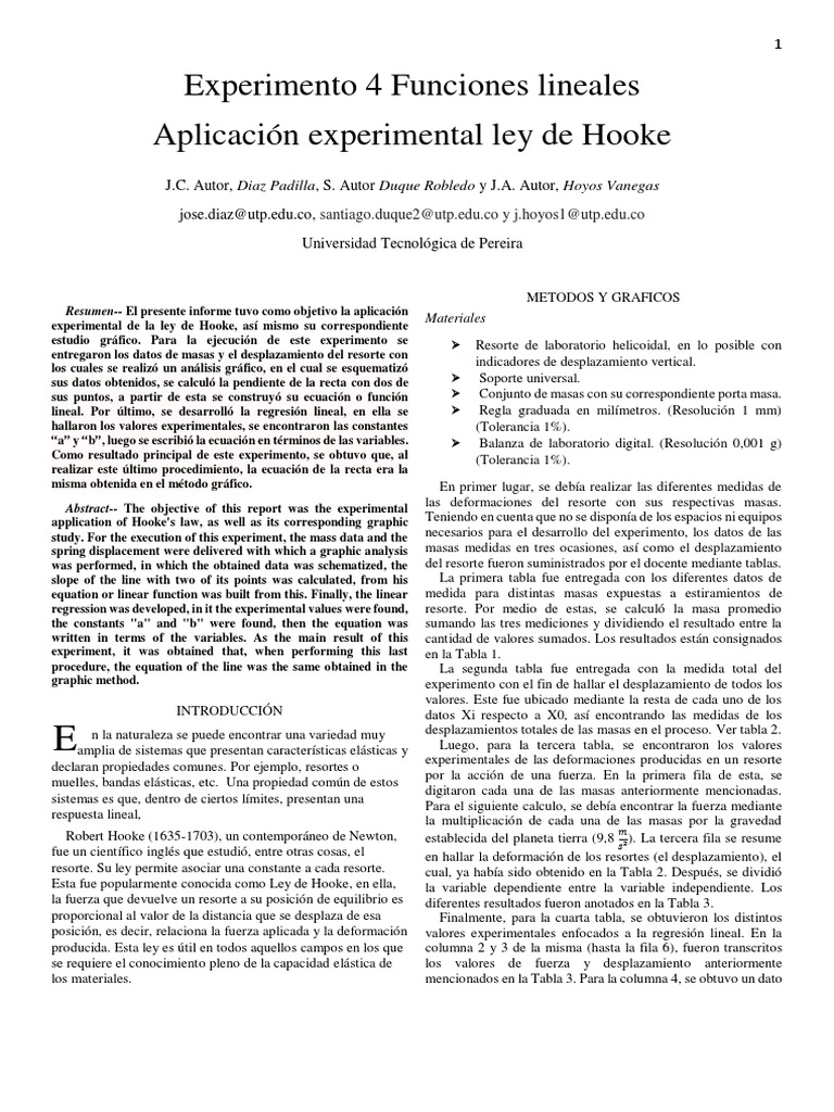 Experimento 4 Ley de Hooke | PDF | Regresión lineal | Matemáticas