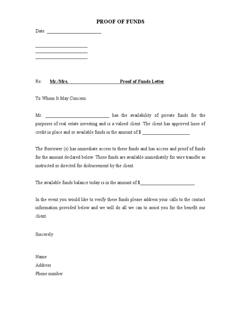 Proof of Funds Letter Template | PDF | Business | Finance & Money ...