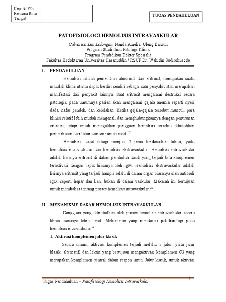 Fix Tugas Pendahuluan Patofisiologi Hemolisis Intravaskular | PDF