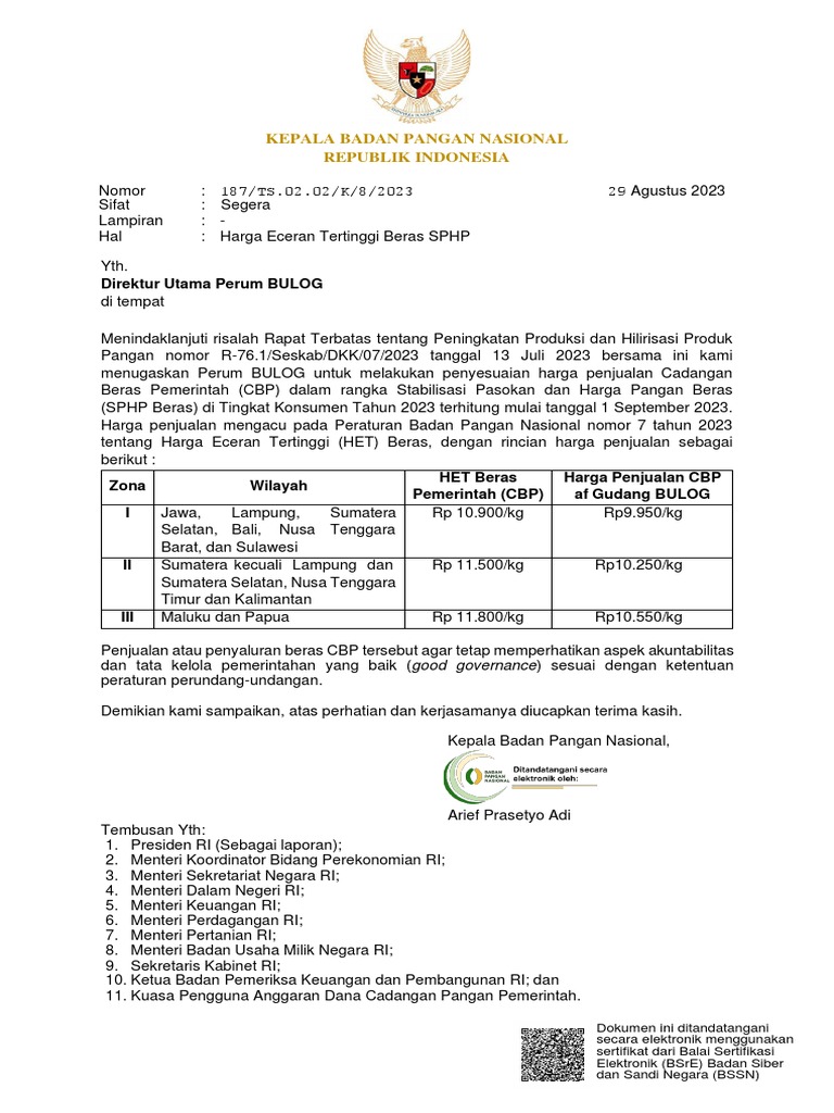 Surat Penugasan Harga Beras SPHP PerTgl1September2023 | PDF