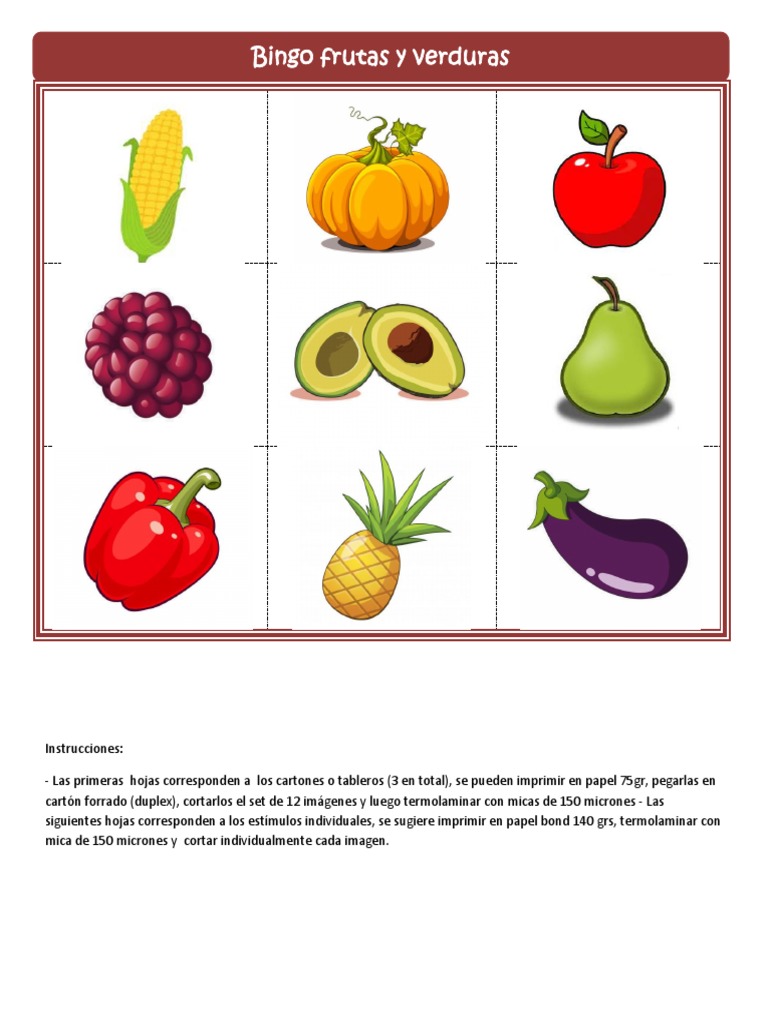Bingo de Frutas y Verduras Imprimible | PDF