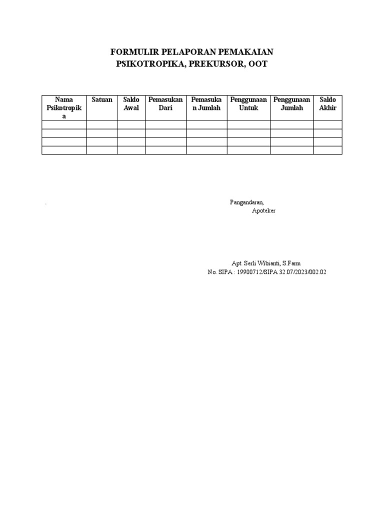 Format Formulir Pelaporan Psikotropika, Prekursor, OOT | PDF