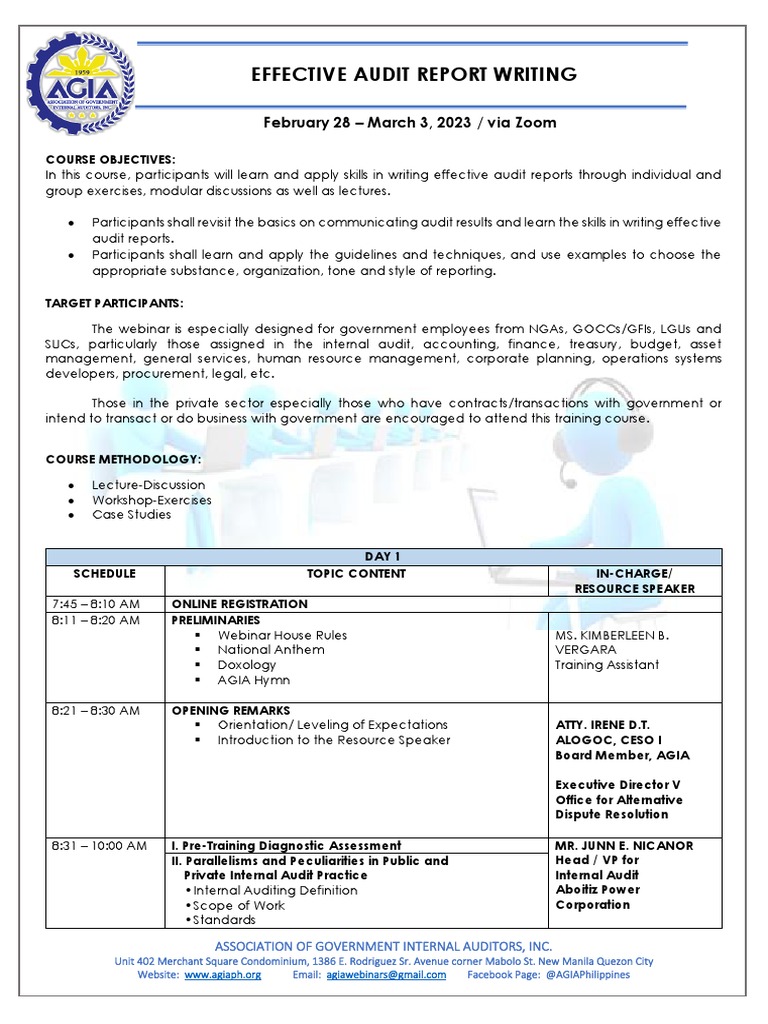 COURSE OUTLINE - Effective Audit Report Writing | PDF | Internal Audit ...