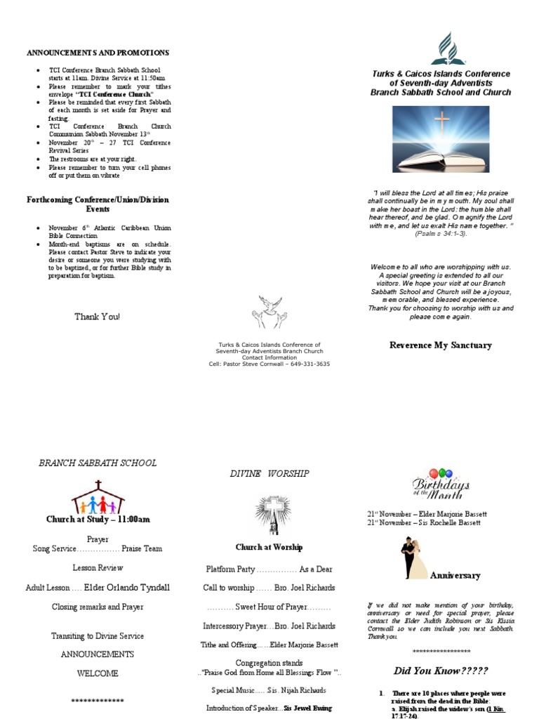 6th November TCIC Branch Sabbath School and Church Brochure | PDF | Baptism | Shabbat