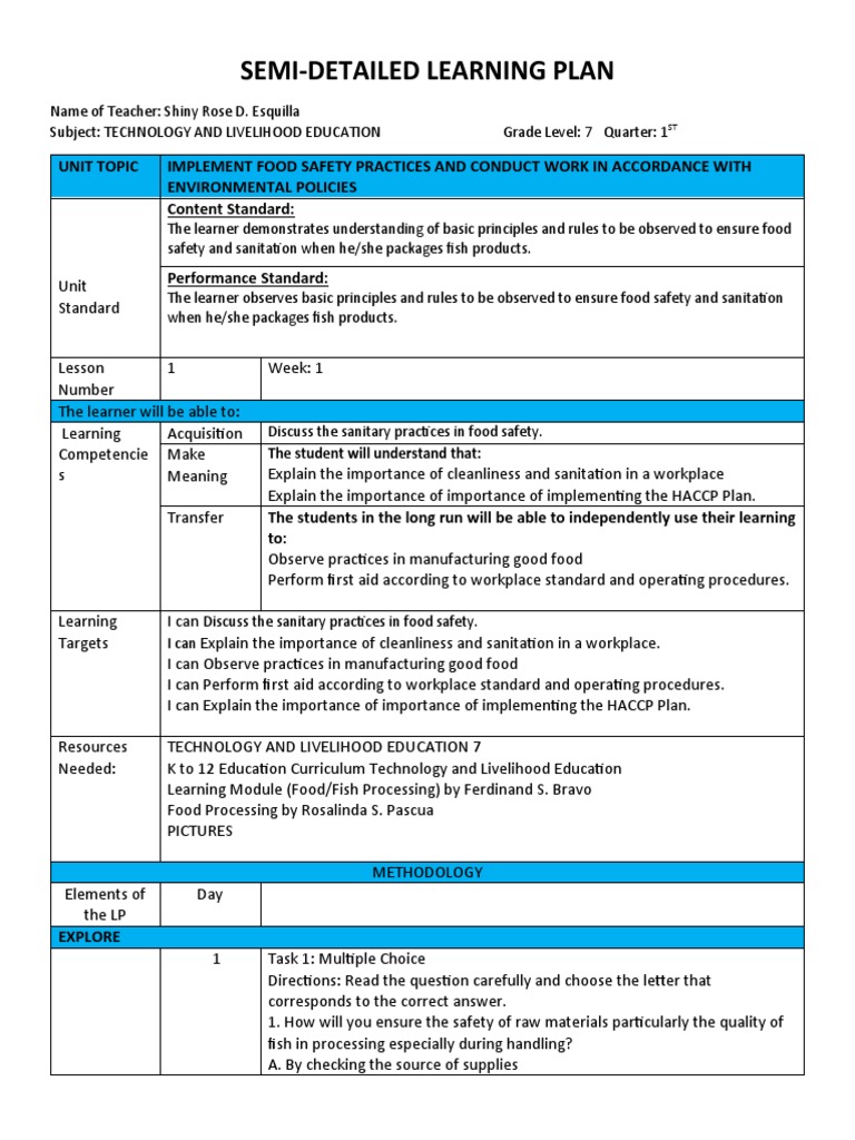Detailed Learning Plan in TLE 7-Week 5 | PDF | Sanitation | Hazard ...