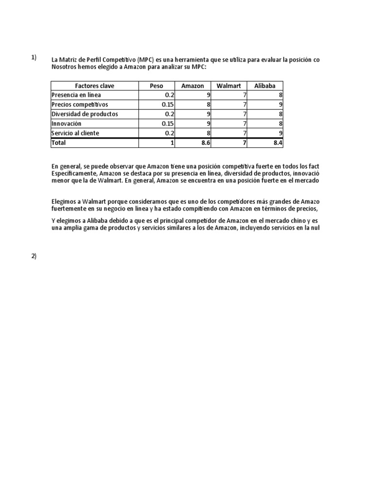 Tarea 2 - Matriz de Perfil Competitivo y Matriz de Evaluación de Factores Externos | PDF ...