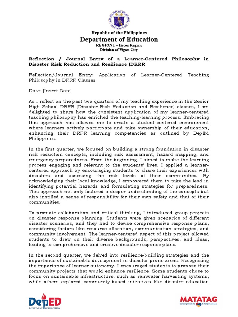 Reflection Journal Entry in Disaster Risk Reduction and Resilience DRRR ...