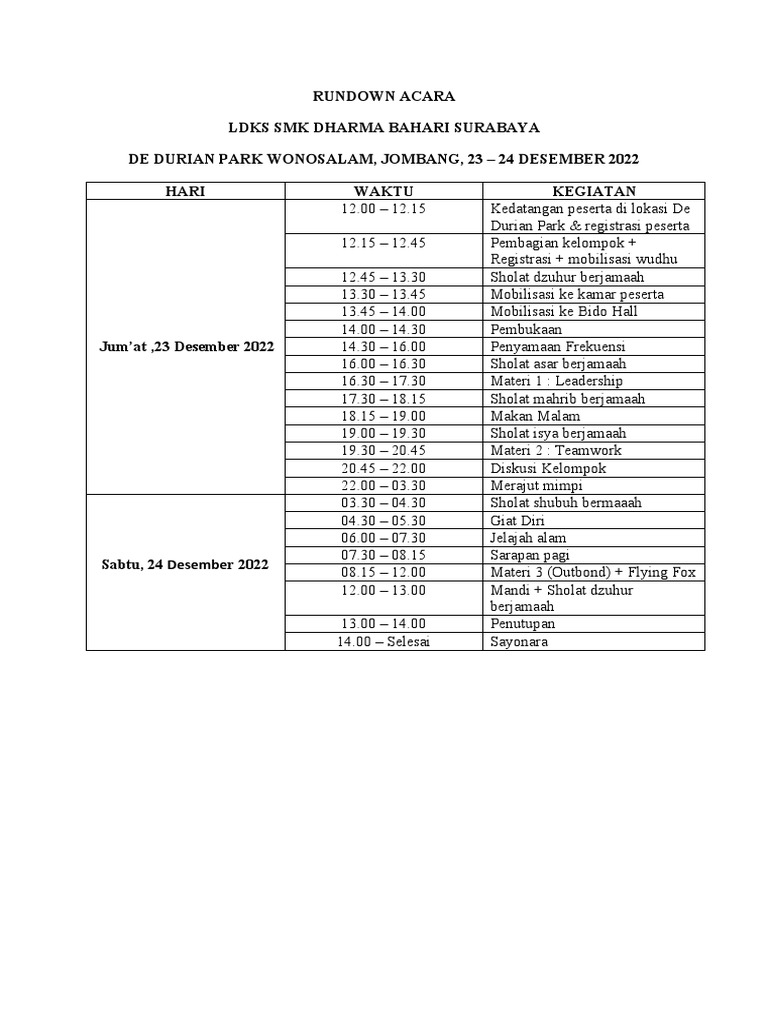 Rundown Acara LDKS SMK Dharma Bahari Surabaya-1 | PDF