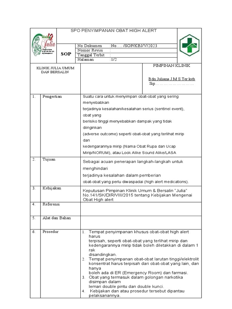 Spo Penyimpanan Obat High Alert | PDF