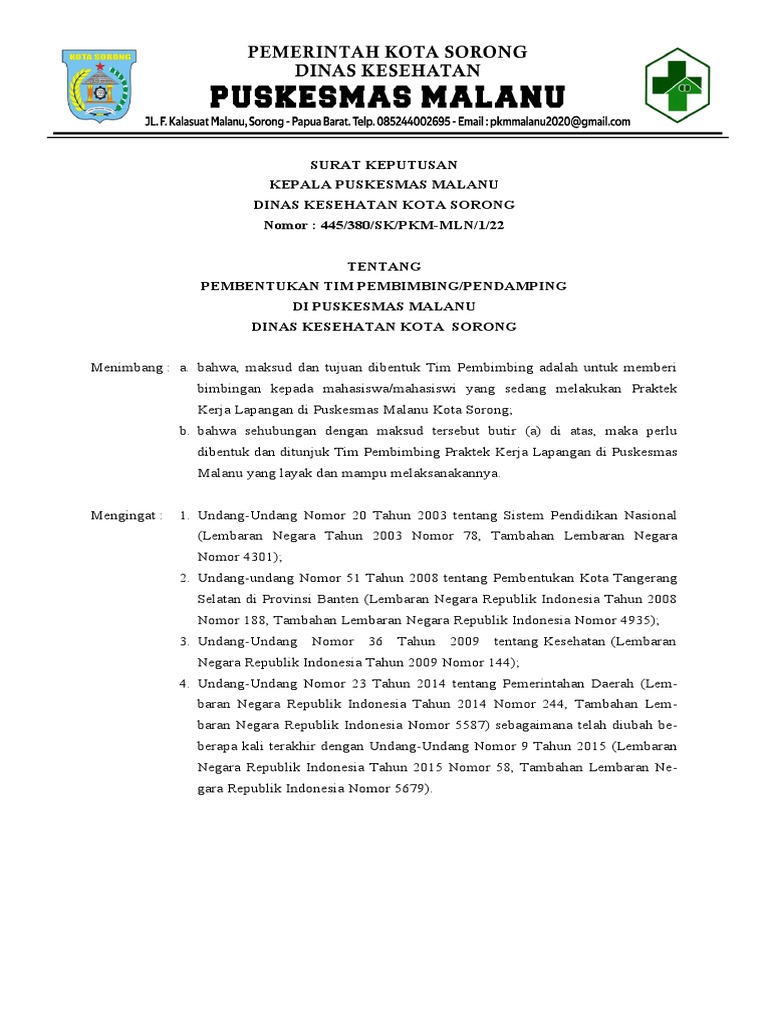 Surat Keputusan Pendamping Pembimbing Puskesmas | PDF