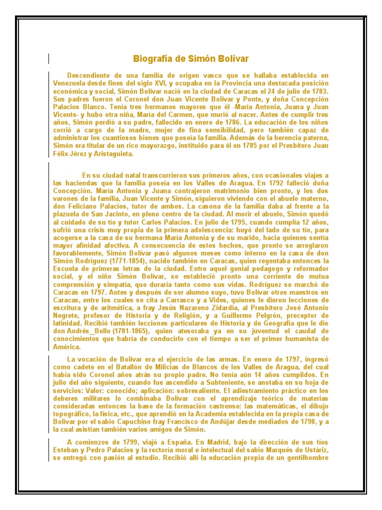 Biografía de Simón Bolívar | PDF