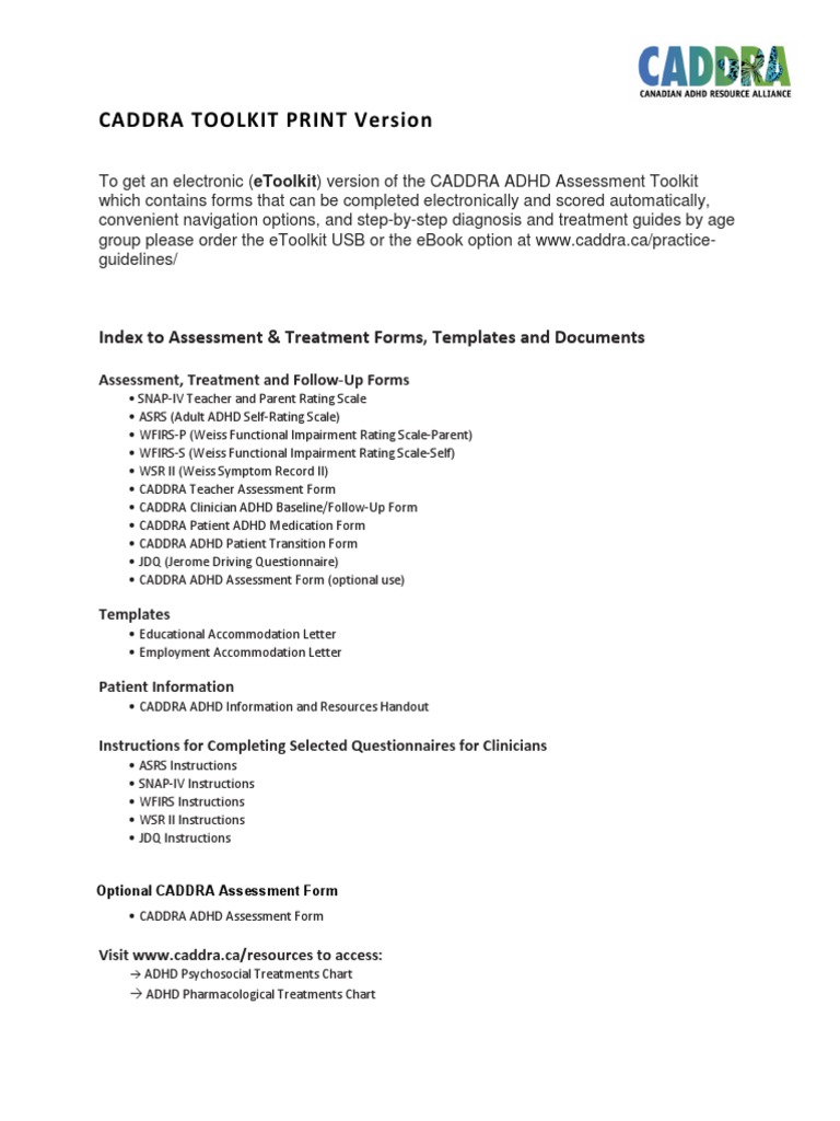 CADDRA ADHD Assessment Toolkit Overview | PDF | Anxiety | Attention ...