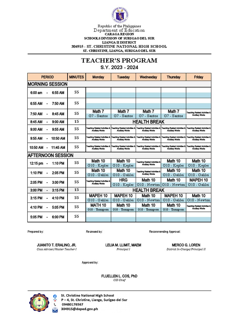 Teacher's Schedule 2023-2024 | PDF