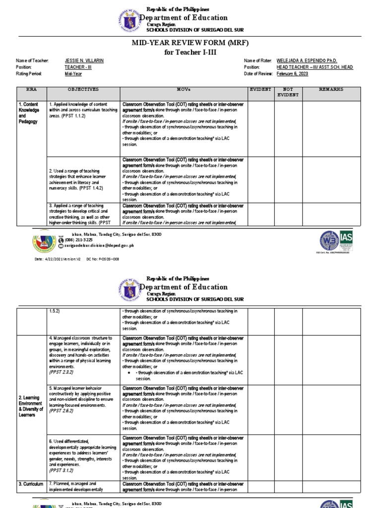 Teacher Mid-Year Review Form 2023 | PDF | Educational Assessment | Learning
