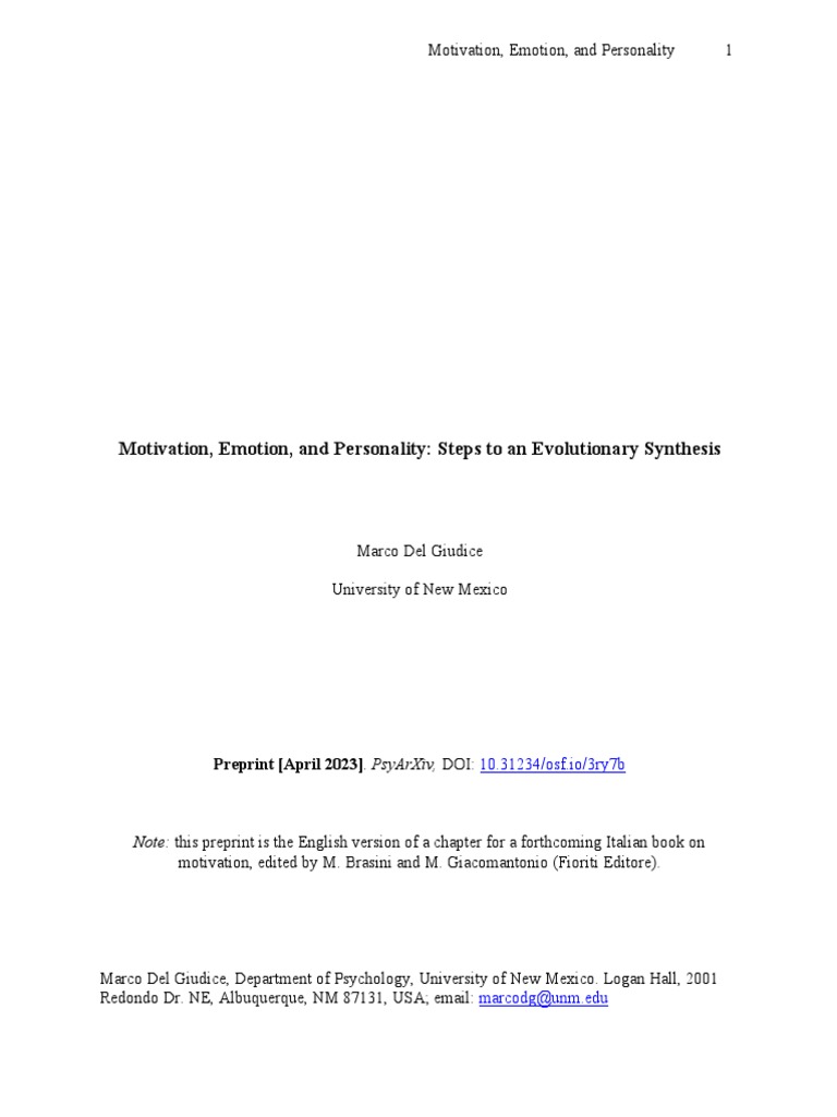 (PDF) Motivation, Emotion, and Personality - Steps To An Evolutionary ... (PDF) Motivation, Emotion, and Personality - Steps To An Evolutionary ...