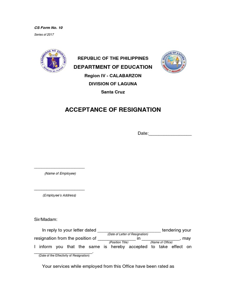 CSC Form No. 10 Acceptance of Resignation | PDF