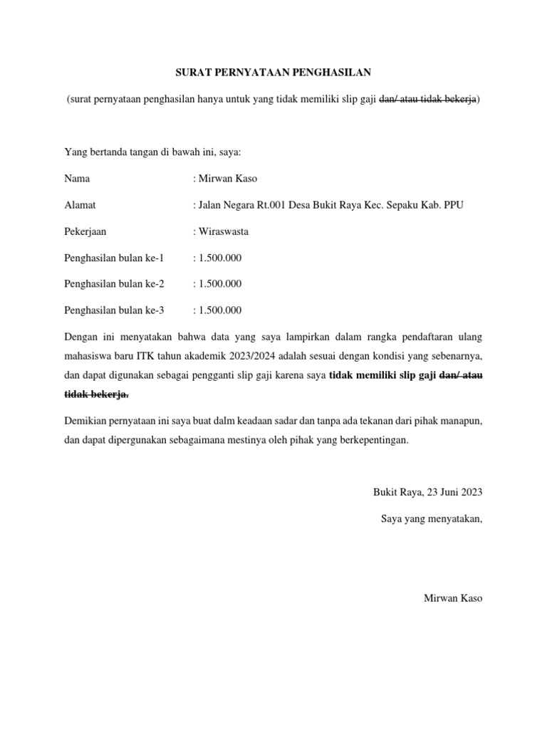 Surat Pernyataan Penghasilan | PDF