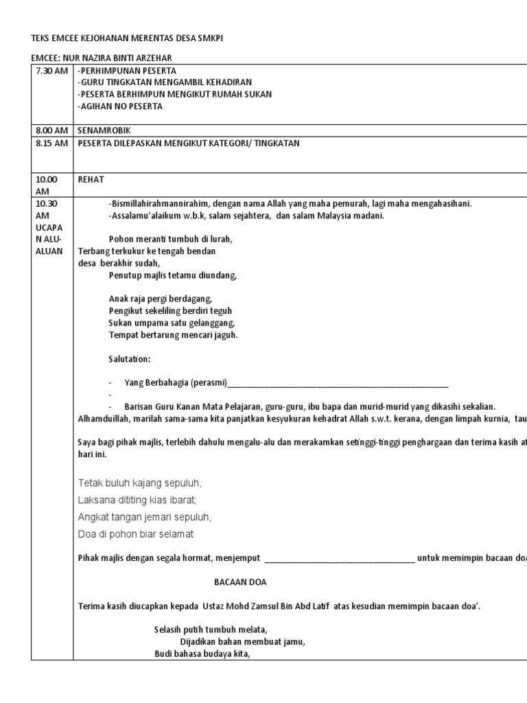 Emcee Skrip Merentas Desa 2023 | PDF | Memasak, Makanan, & Anggur ...