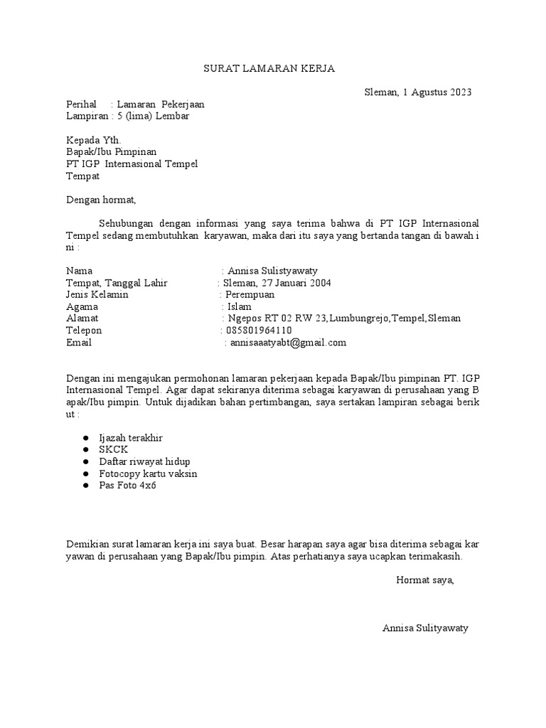 Surat Lamaran Kerja Annisa | PDF | Karier & Perkembangan