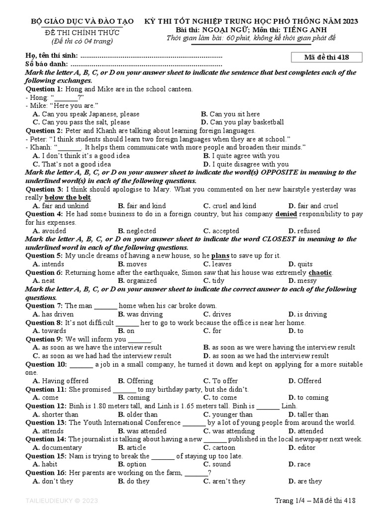 (Tailieudieuky - Com) 9. Tieng Anh - de Thi Chinh Thuc - K23 - Ma de 418 | PDF | Invention | Books