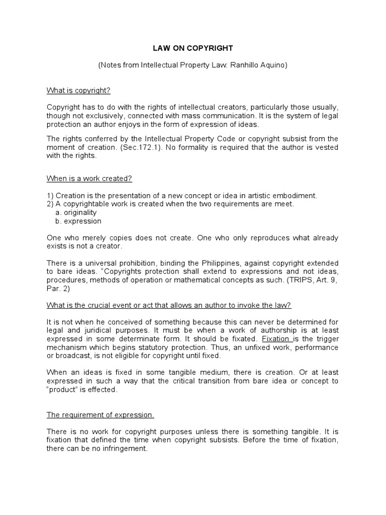 Law On Copyright Notes | PDF | Copyright | Copyright Infringement