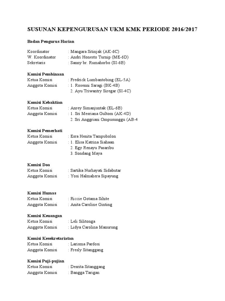 Susunan Kepengurusan Ukm KMK Periode 2016 | PDF