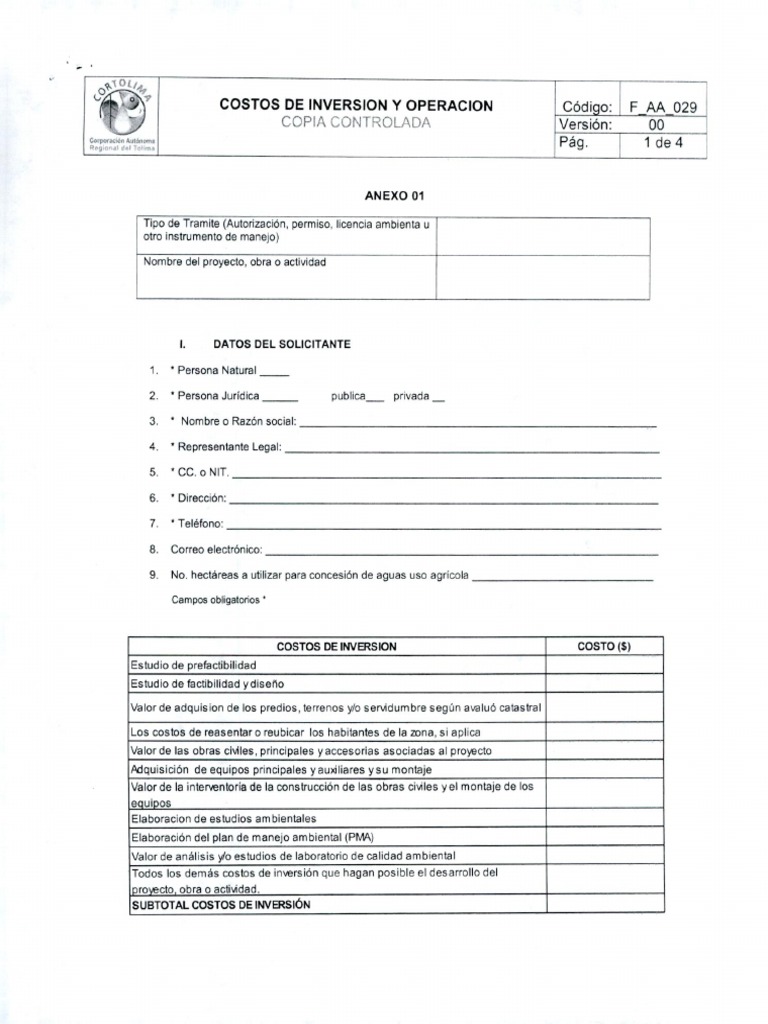 Formato Costos de Inversion y Operacion | PDF | Presupuesto | Economias
