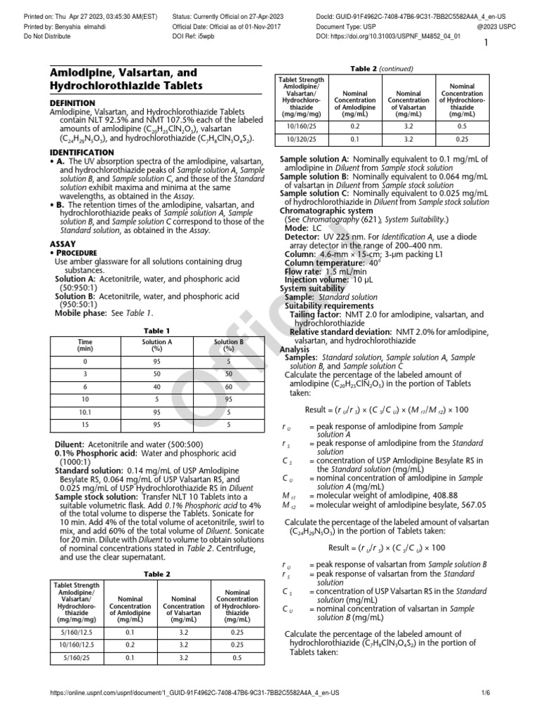 Amlodipine and Valsartan Tablet Monograph | PDF | Chromatography ...
