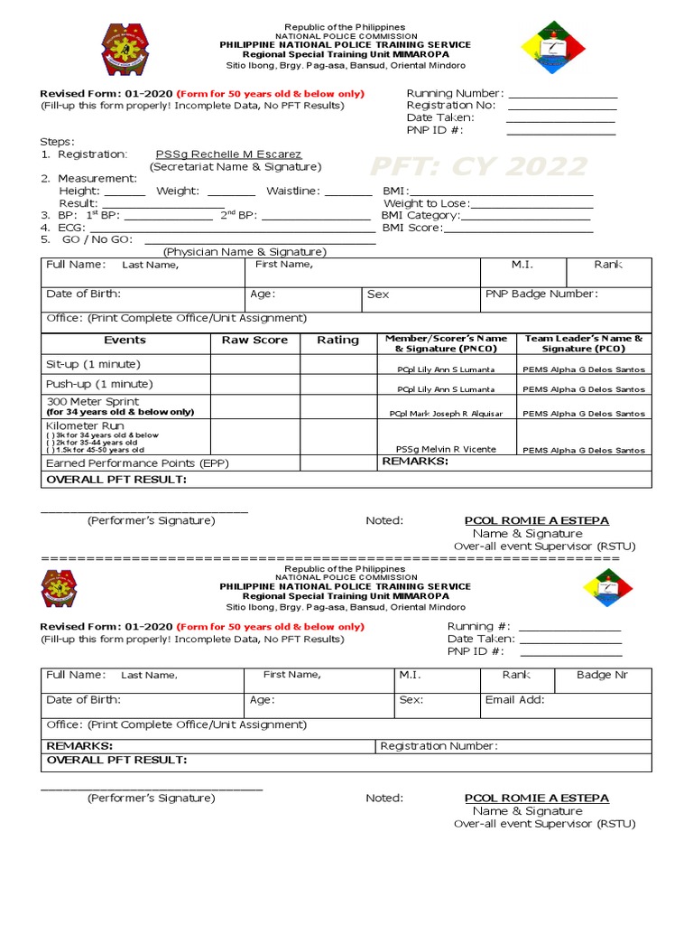 New PFT Form 2022 50 Below RSTU Logo | Download Free PDF | Government ...