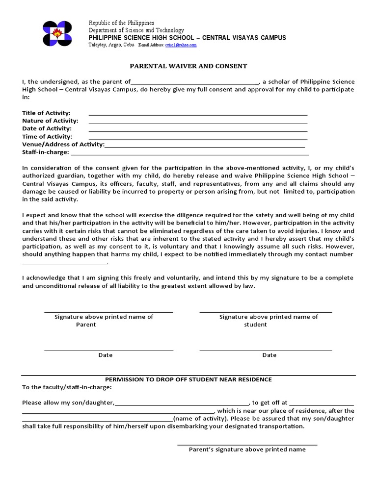 Parents Consent and Waiver | Download Free PDF | Consent | Justice