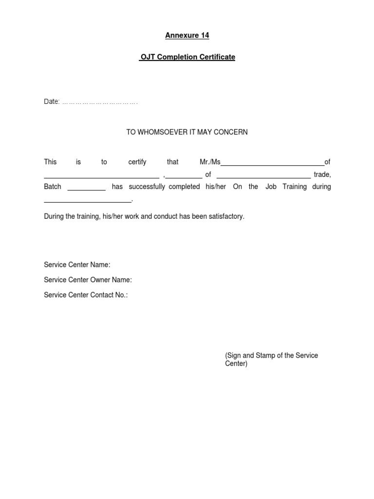 OJT Completion Certificate Template | PDF | Technology & Engineering